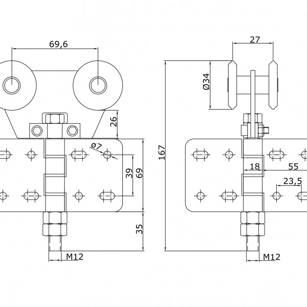 Chariot double U-40 intermédiaire en nylon à visser. Portes coulissantes